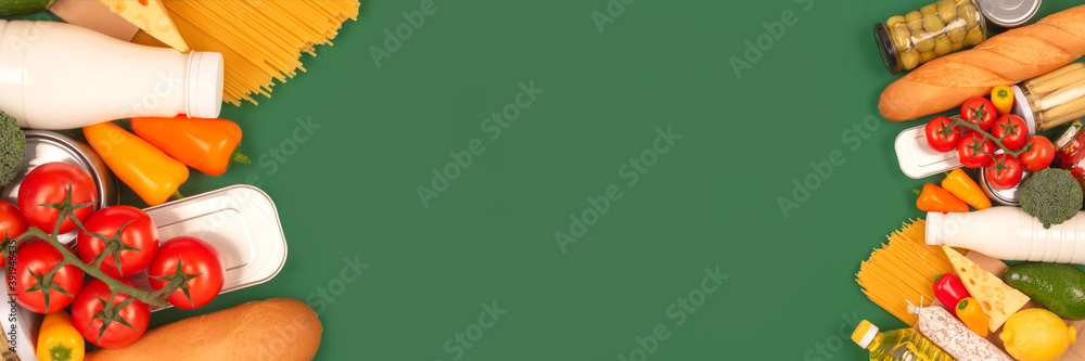 Banner with different groceries, food donations on green background ...