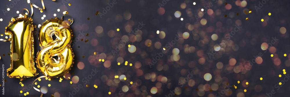 Gold foil balloon number, digit eighteen. Birthday greeting card ...