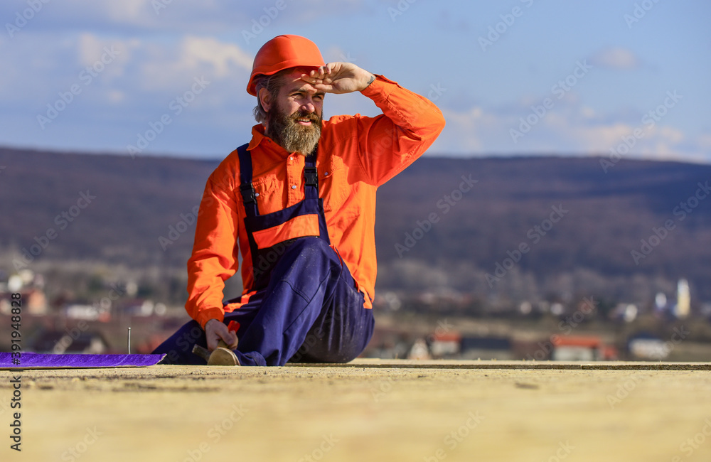 Man roofing surface. Professional master repair roof. Flat roof ...