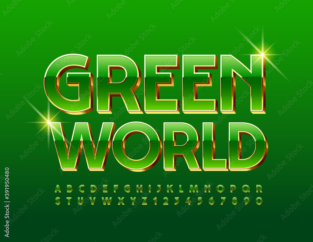 Vector eco banner Green World. Green and Golden stylish Font. Bright 3D ...