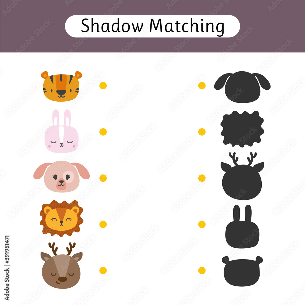 Shadow matching game for kids. Worksheet with cute animals. Find the ...