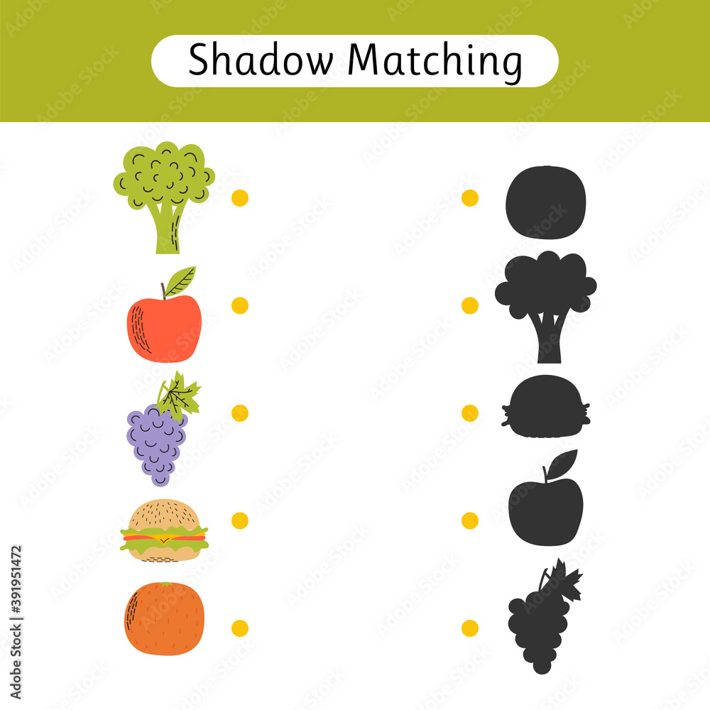 Shadow matching game for kids. Worksheet with food. Find the correct ...