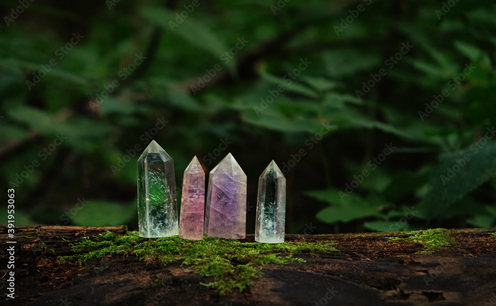 quartz crystal minerals on nature forest background. Magic Rock for ...