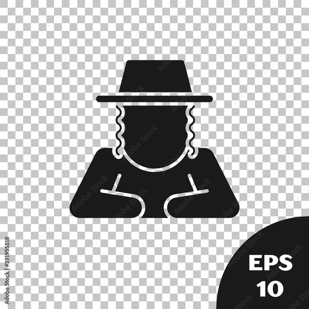 Black Orthodox jewish hat with sidelocks icon isolated on transparent ...