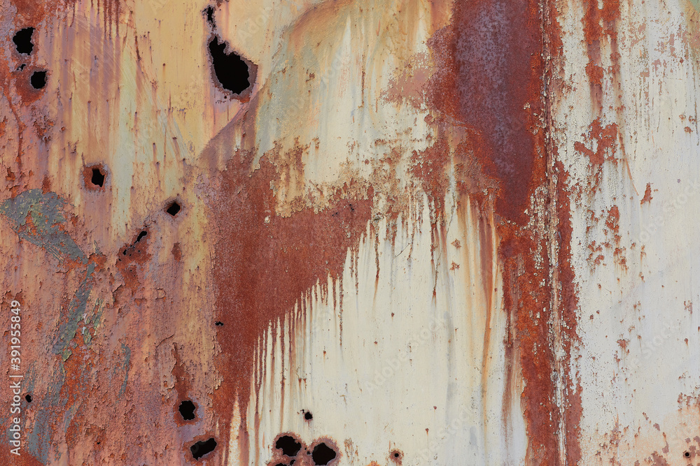 Metal texture with rust, through holes, and paint drips. Horizontal ...