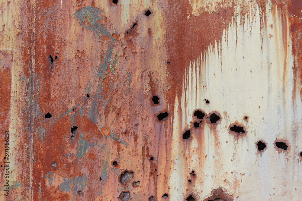 Metal texture with rust, through holes, and paint drips. Horizontal ...