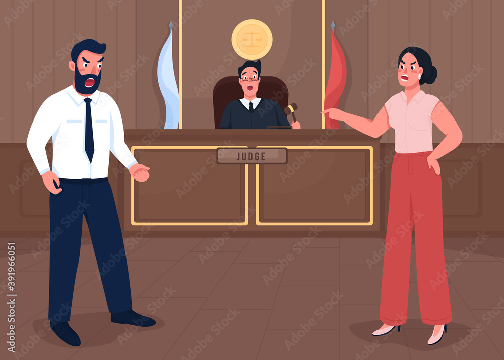 Law court session flat color vector illustration. Lawsuit verdict ...