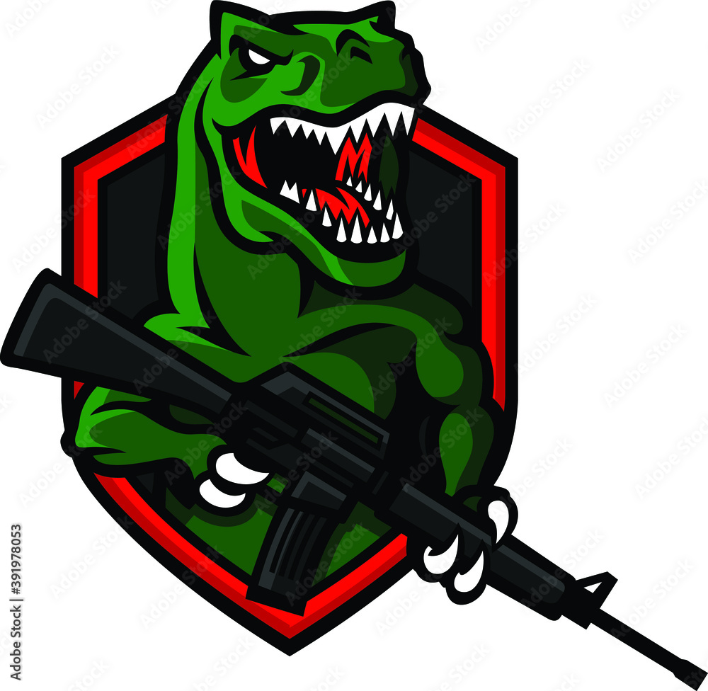 Aggressive Tyrannosaurus (T Rex) Holding M 16 Gun With Shield ...