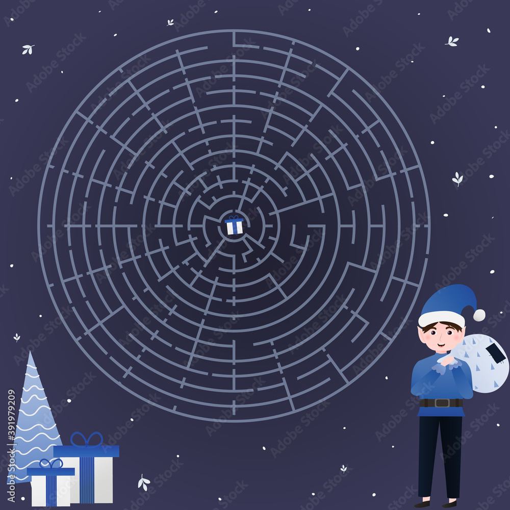 Christmas circle labirynth, helt to find way for elf to gift, children ...