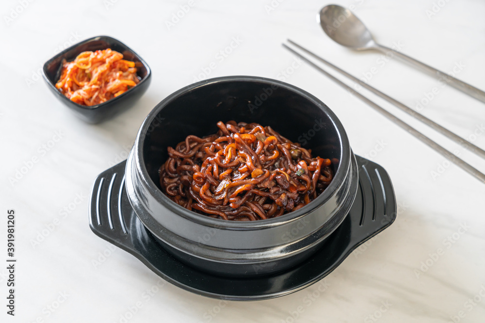 Korean black spaghetti or instant noodle with roasted chajung sauce ...