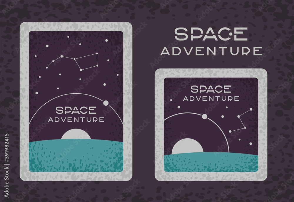Vintage cards "Space adventure". Space, planets, constellations, orbit ...