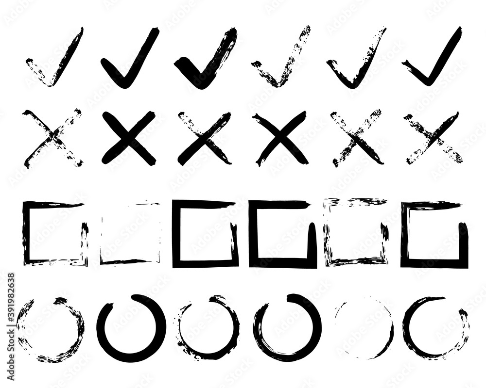 Check mark. Grunge V X hand drawn checkmarks. Vector square and circle ...