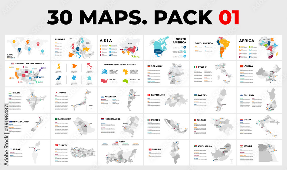 30 Map Infographic Templates in 1 pack. Vector countries with provinces ...