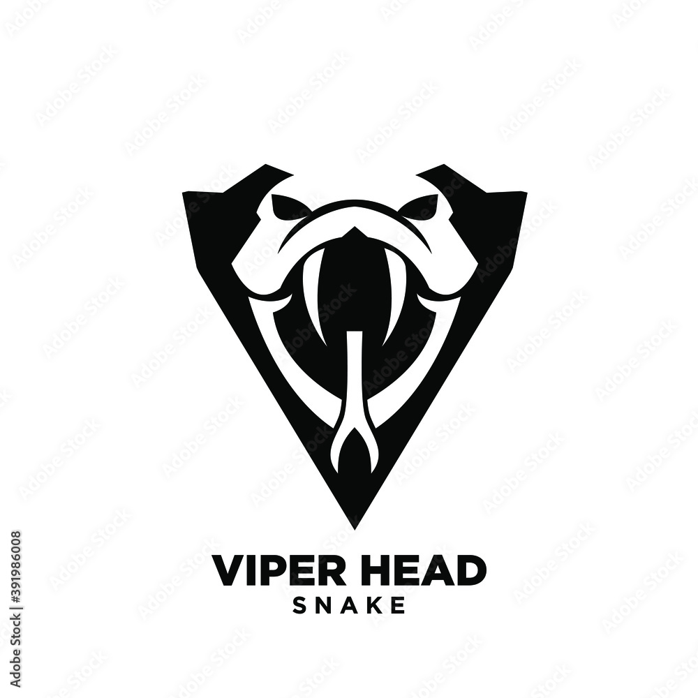 simplified viper snake head with big fangs and initial letter v line ...
