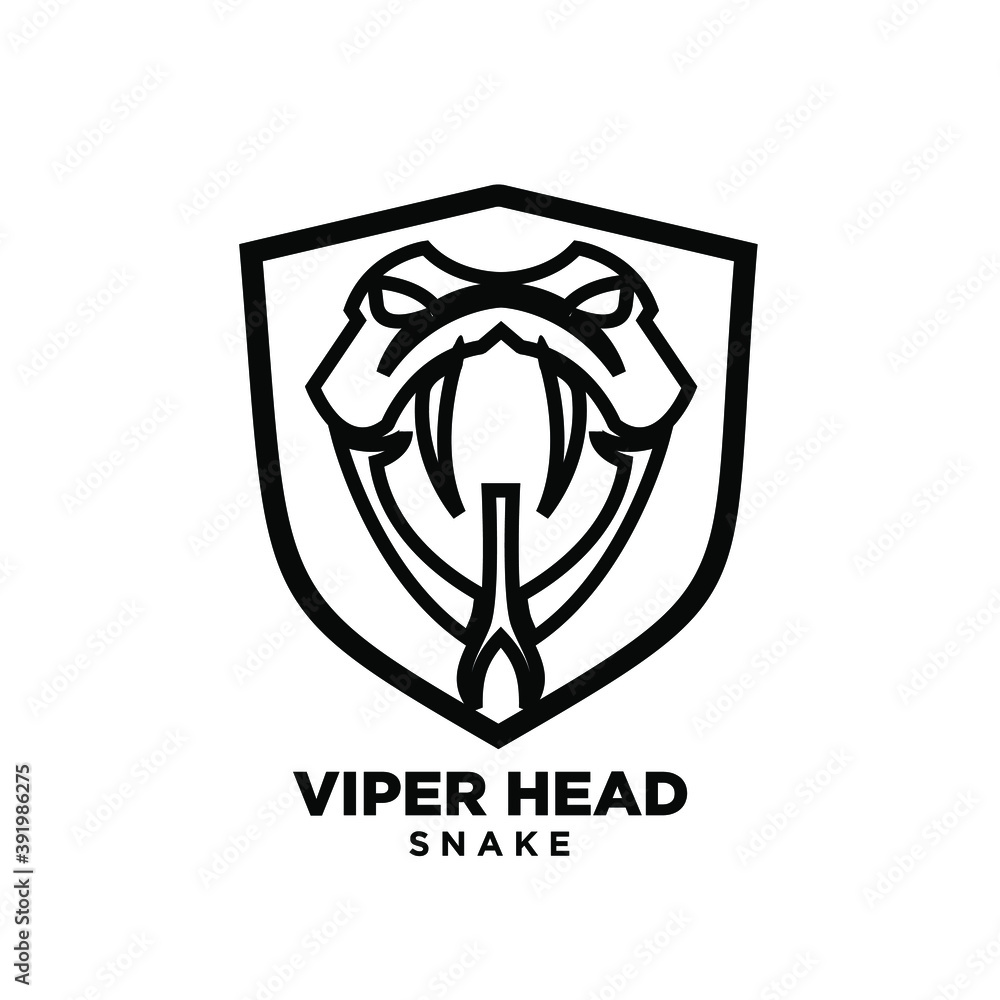 simplified viper snake head with big fangs and shield line outline logo ...