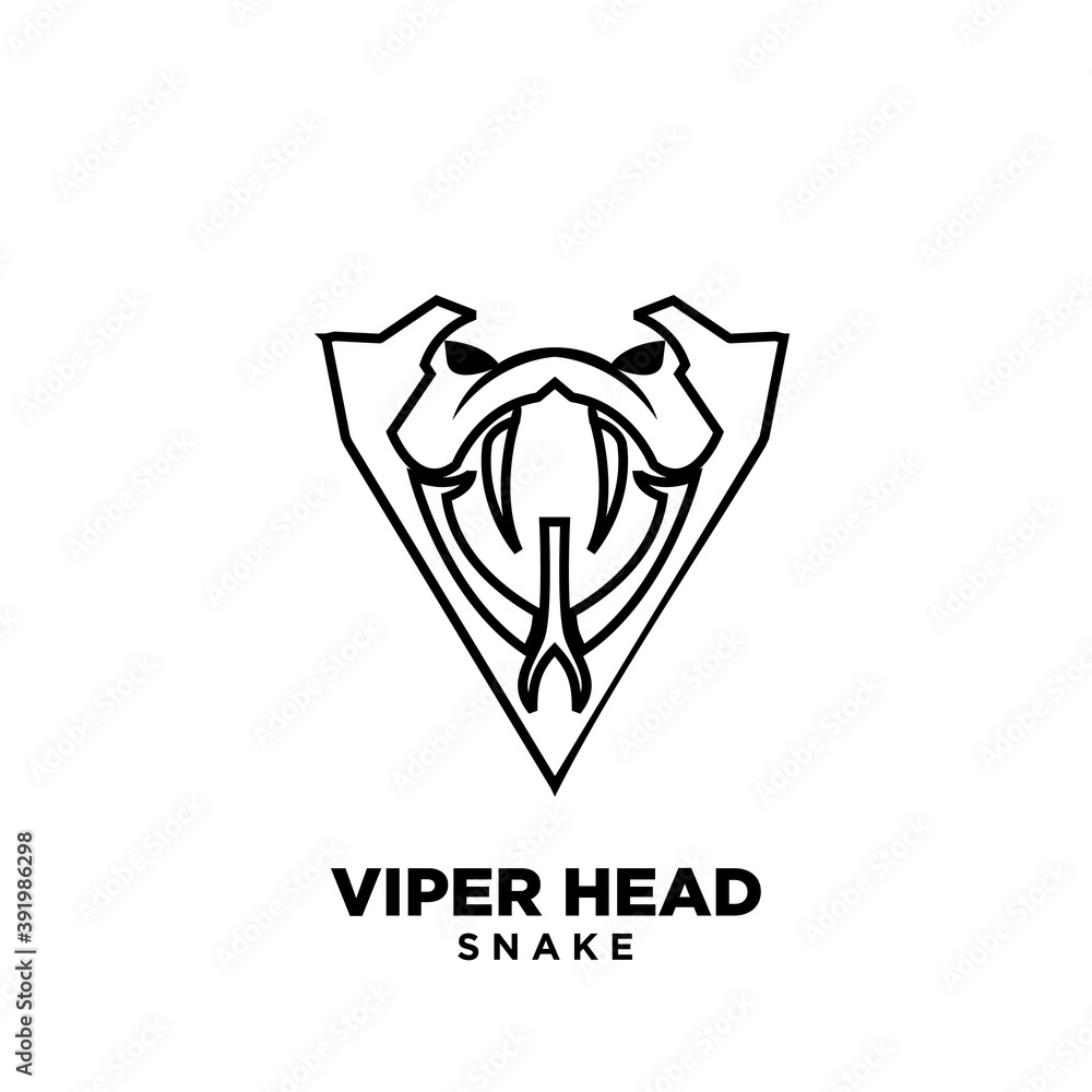 simplified viper snake head with big fangs and initial letter v line ...