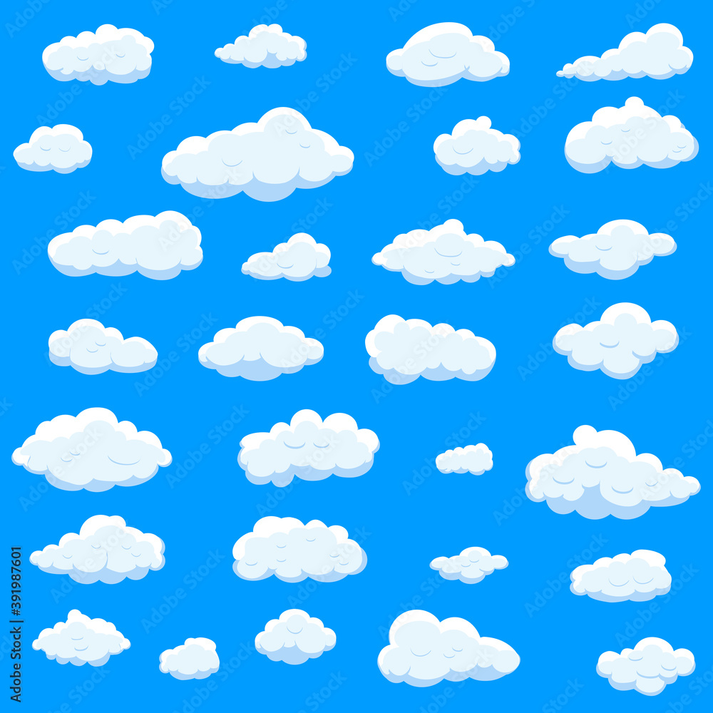 White cartoon clouds set isolated on blue background. Collection of ...