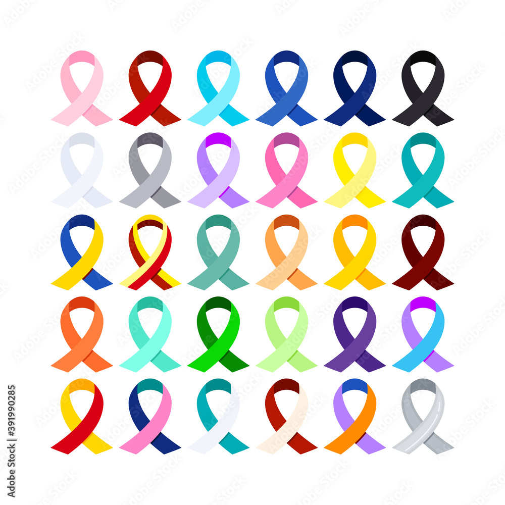 Awareness ribbon icon set isolated on white background. Different color ...