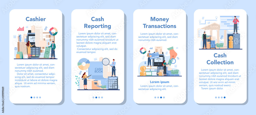 Cashier mobile application banner set. Worker behind the cashier Stock ...