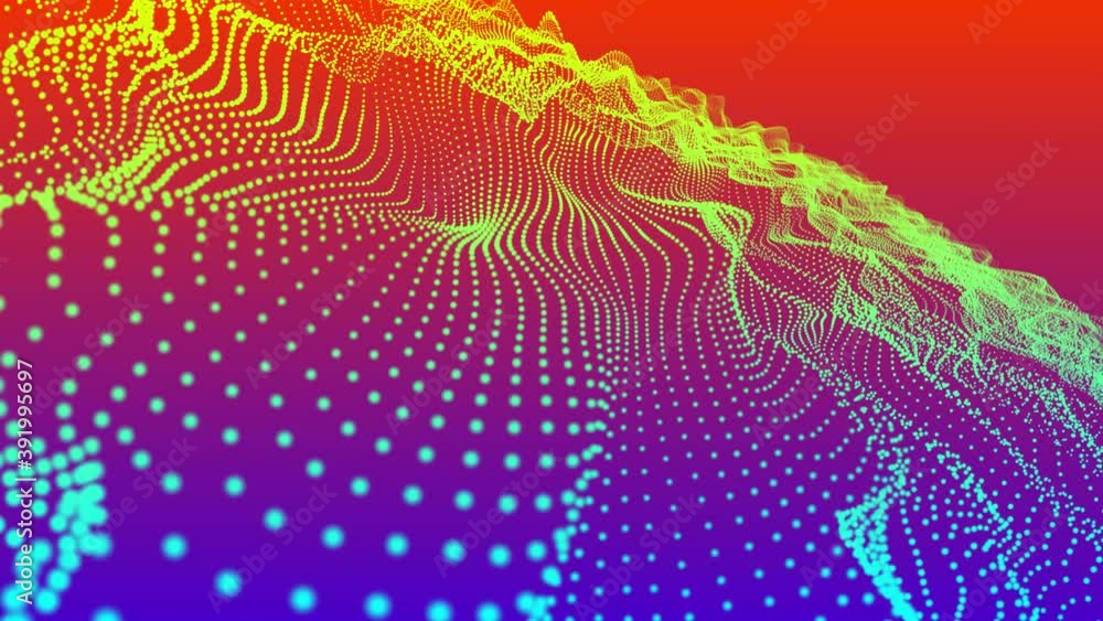 Particle flow, thousands of colorful particles flowing in a distorted ...