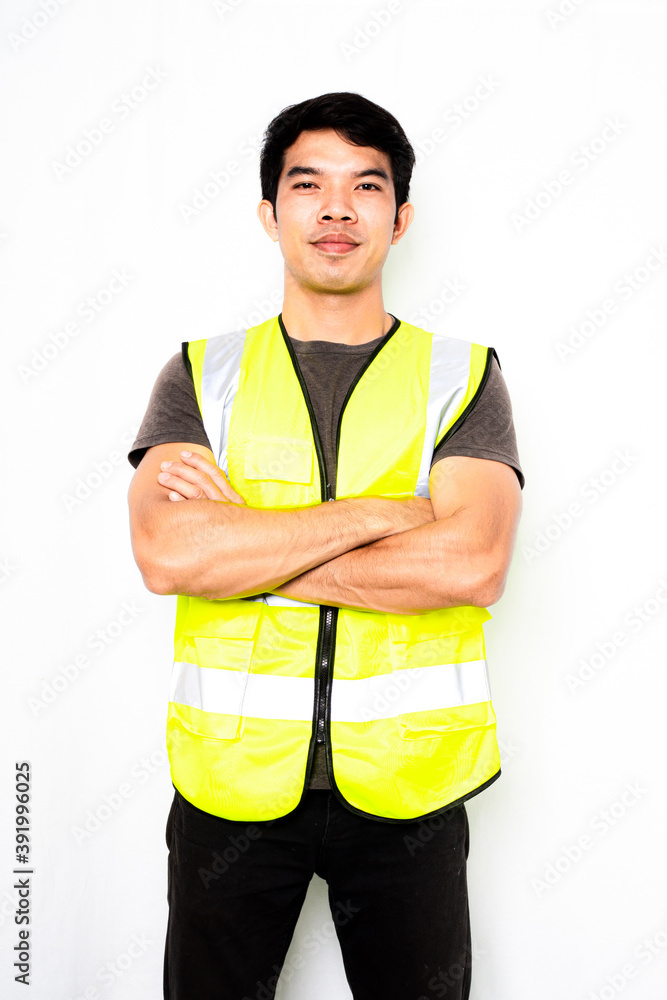 Asian men wear green reflective safety shirts on white background ...