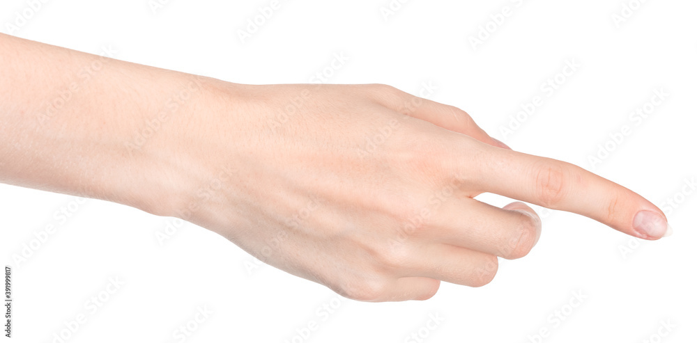 Female caucasian hands isolated white background showing different ...