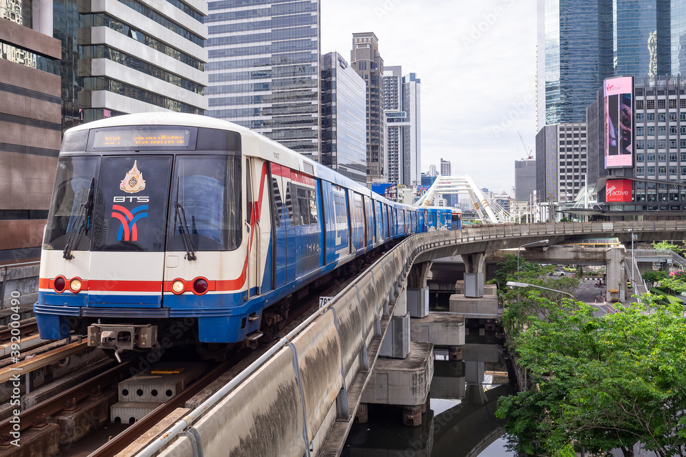 BANGKOK, THAILAND - July 7, 2019: BTS Skytrain is running to the Chong ...