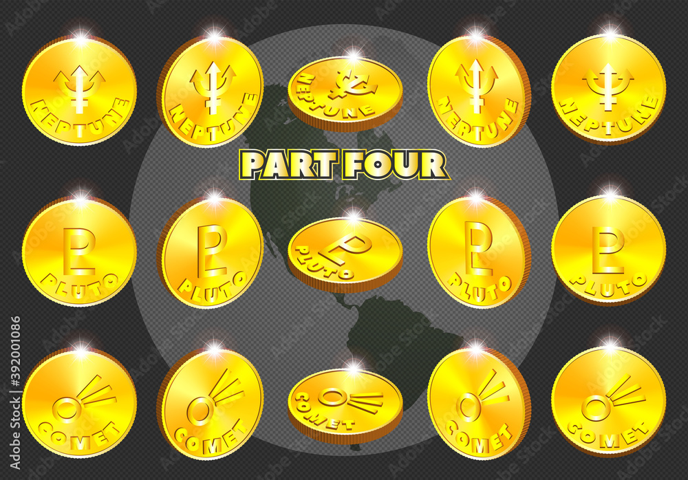 3d set of gold coin tokens in different projections. Astronomical signs ...