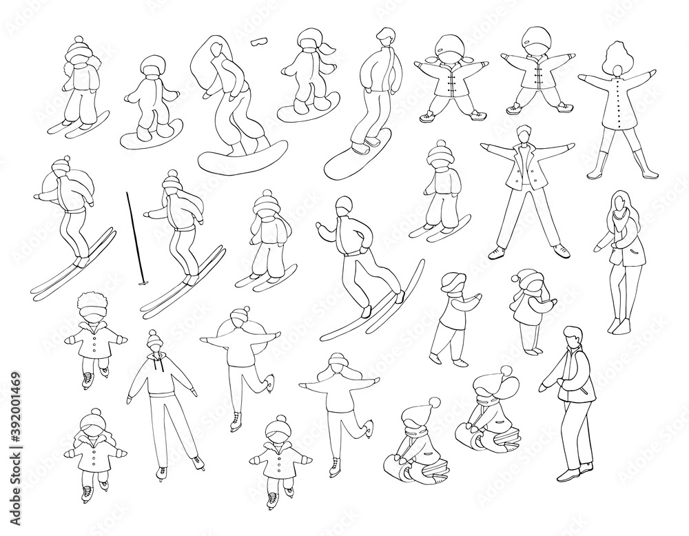 Line art winter sportspersons, Parents and kids set, Winter outdoor ...