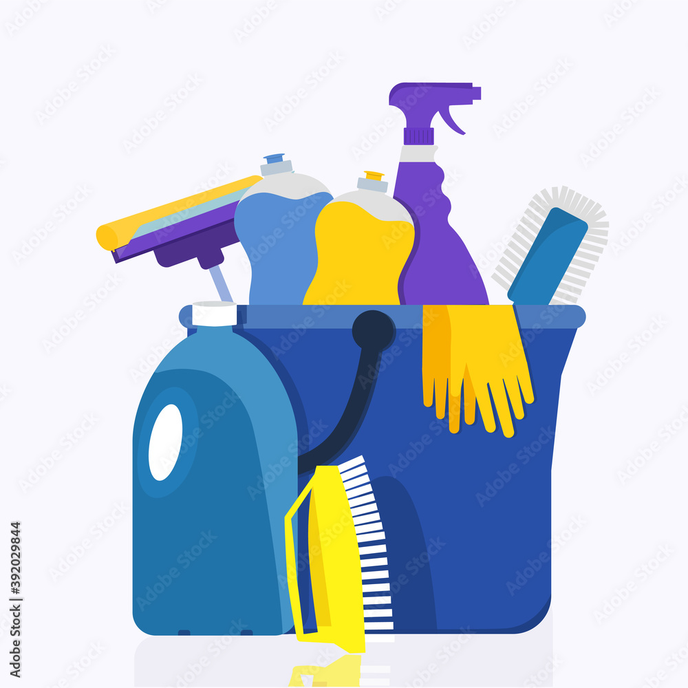 Cleaning service. Set house cleaning tools in bucket on transparent ...