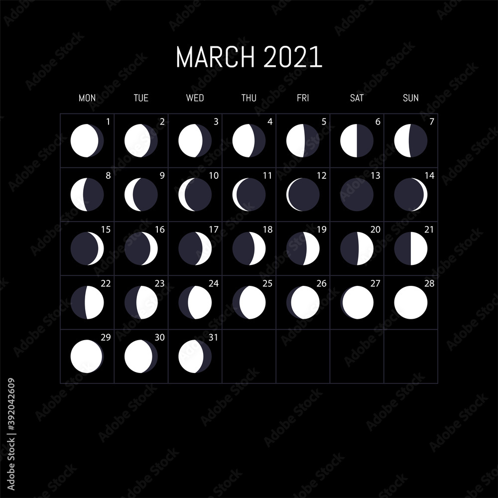 Moon phases calendar for 2021 year. March. Night background design ...
