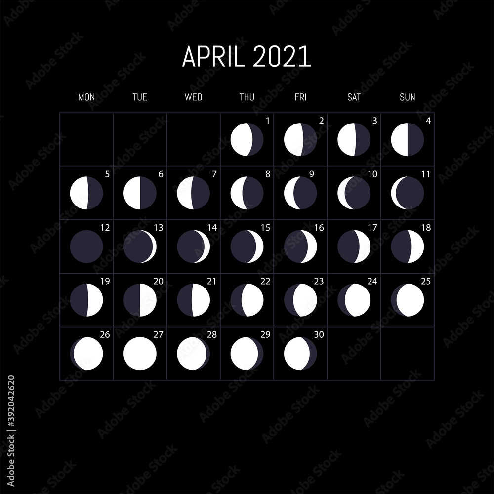Moon phases calendar for 2021 year. April. Night background design ...