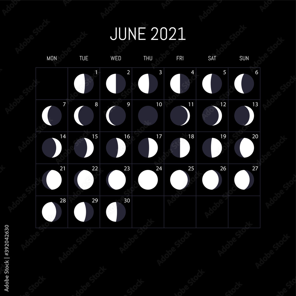Moon phases calendar for 2021 year. June. Night background design ...