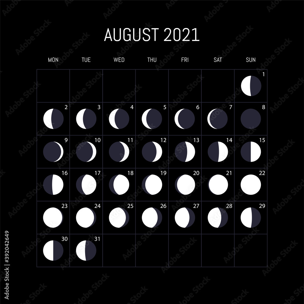 Moon phases calendar for 2021 year. August. Night background design ...