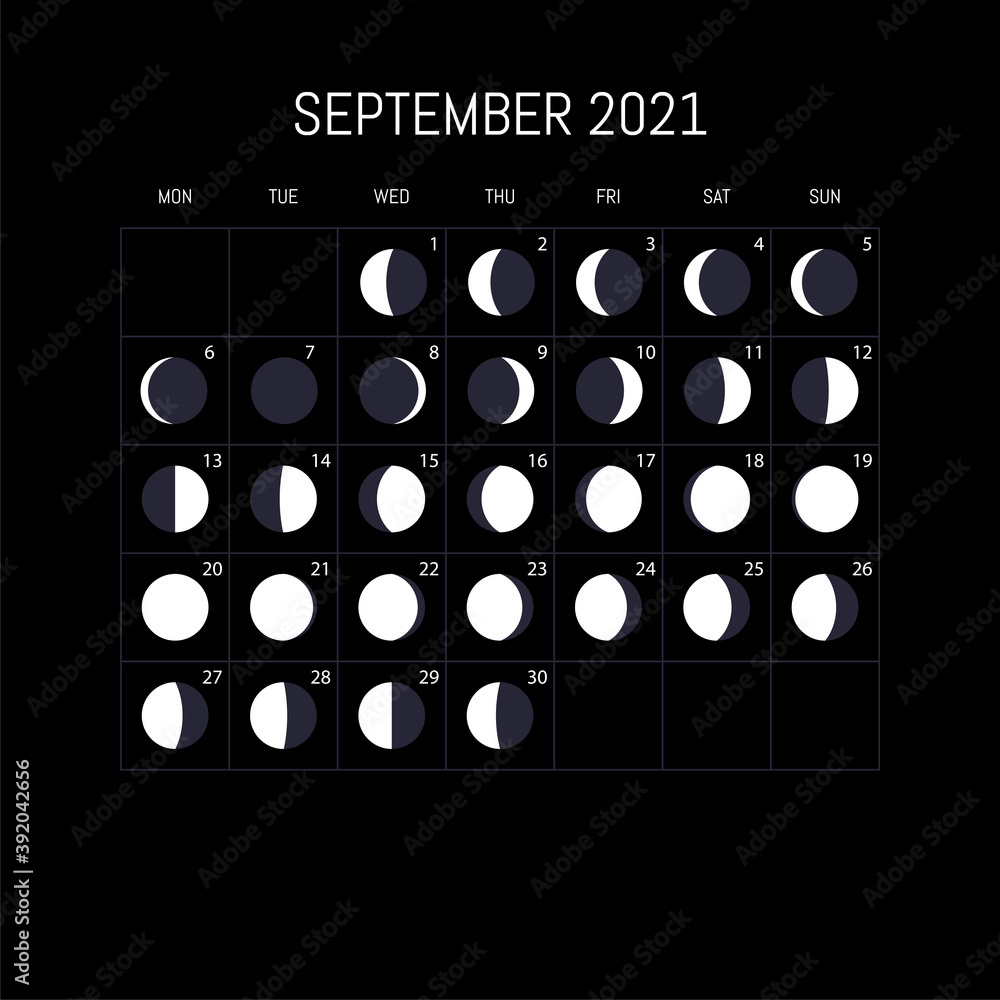 Moon phases calendar for 2021 year. September. Night background design ...