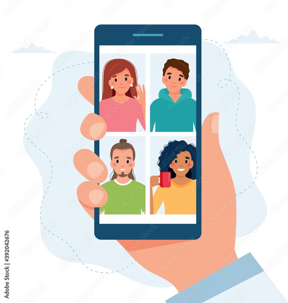 Smarphone with group of people doing group call. Online meeting via ...
