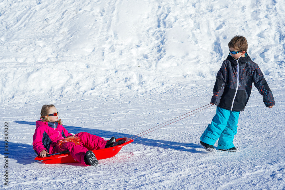 Brother pulling his sister kids toboggan sled snow. Little girl and boy ...