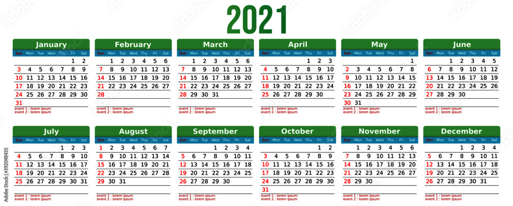 Colorful Year 2021 calendar vector design template. Calendar for 2021 ...