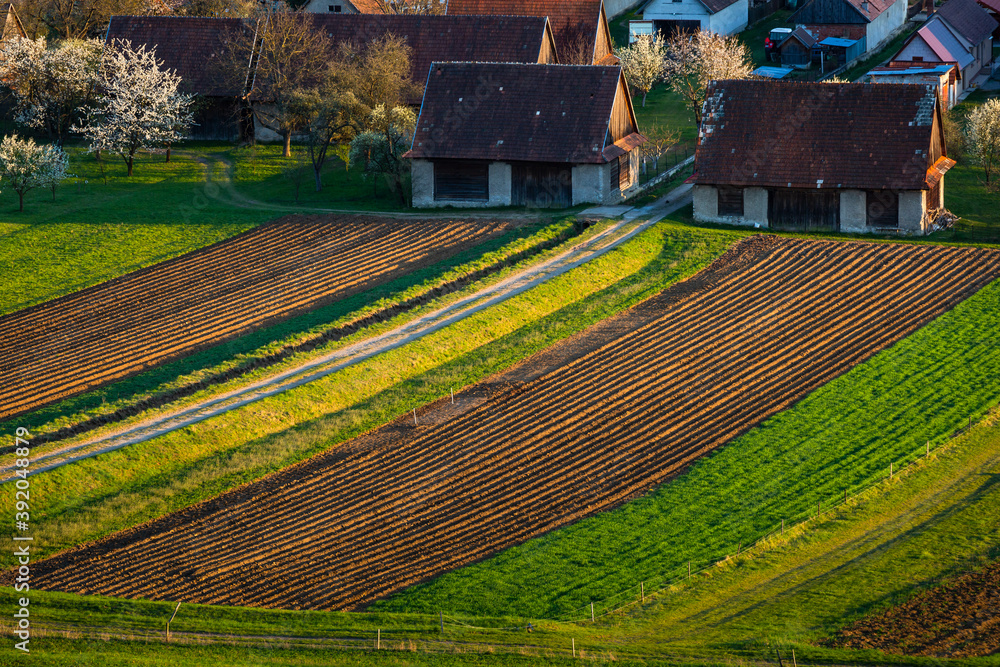 Traditional barns and gardens in a village in Turiec region, Slovakia ...