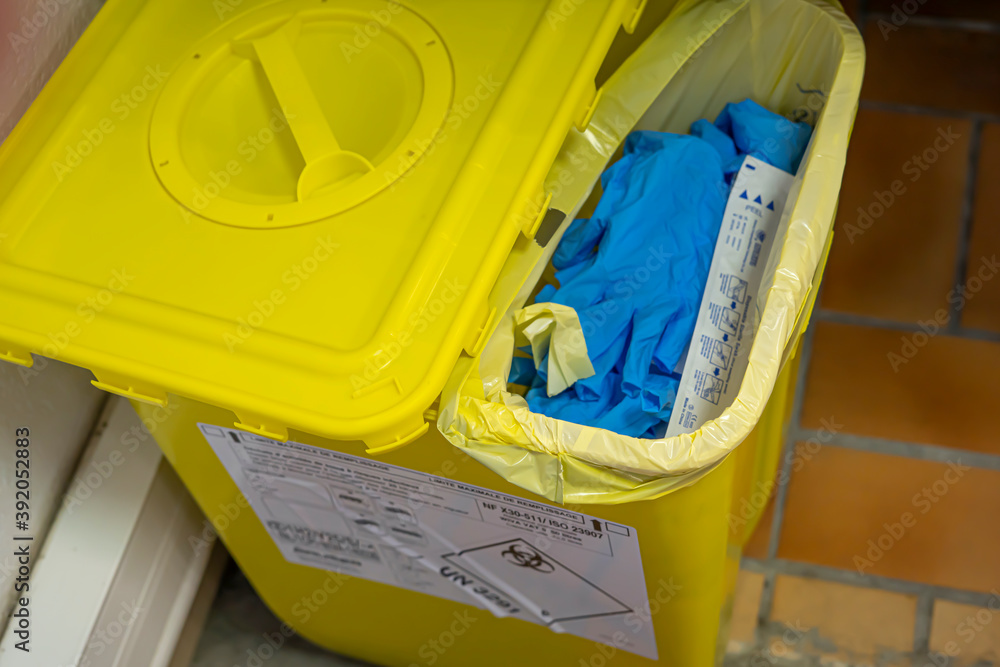 Antibes, France 05.11.2020 Clinical waste bin in the Covid Test Center ...