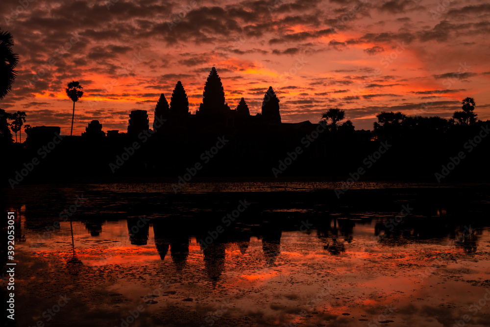 Angkor Wat, Siem Reap, Cambodia. Sunrise from reflection pool showing 5 ...
