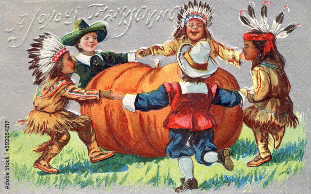Native American and Pilgrim children dancing together around a pumpkin ...