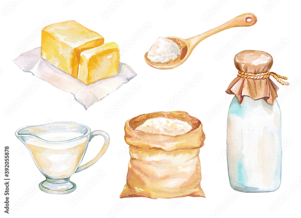 Watercolor set with food ingredients for cooking and baking. Culinary ...