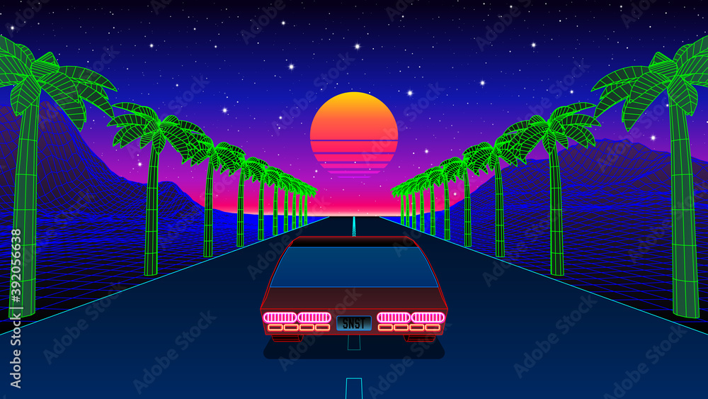 Classic 80s car ride on the road with palm trees, mountains and sunset ...