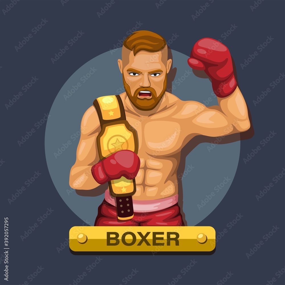Boxer, boxing athlete with championship belt character concept in ...