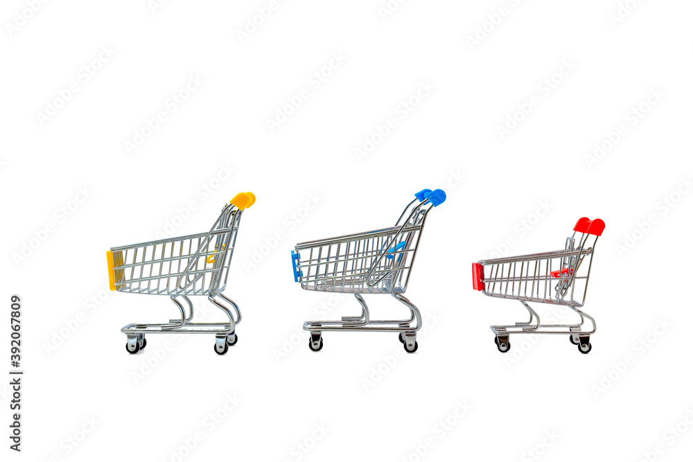 Metal grocery carts for whole family, which stand one behind other ...
