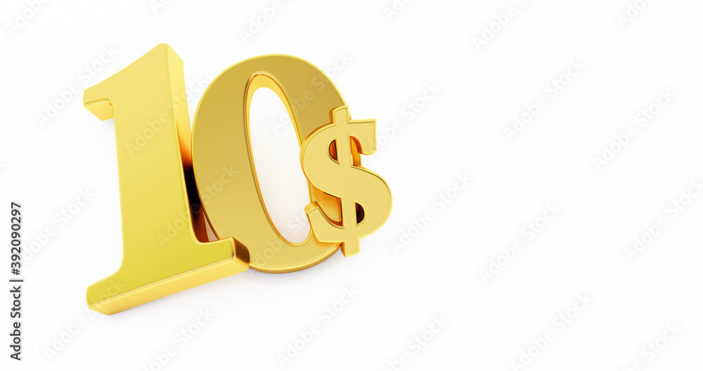 Golden ten Dollar sign isolated on white background, 10 dollar price ...