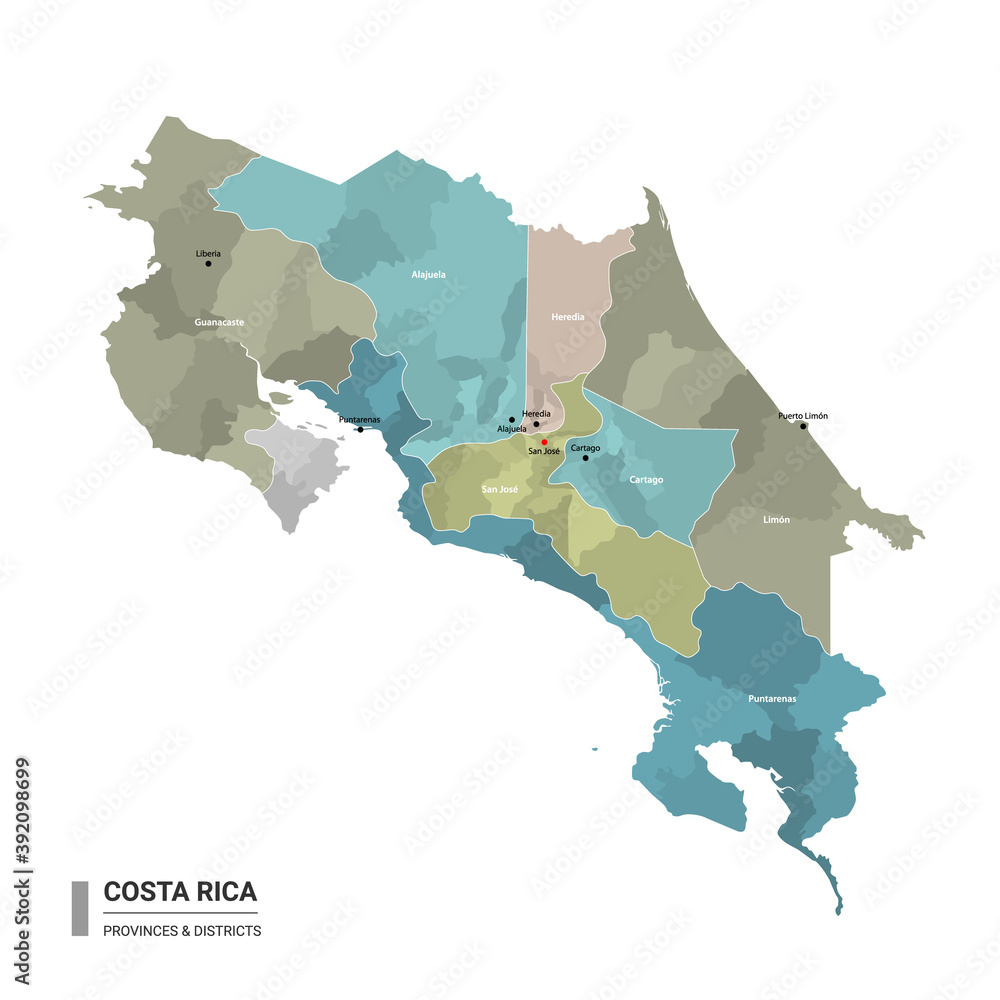 Costa Rica higt detailed map with subdivisions. Administrative map of ...