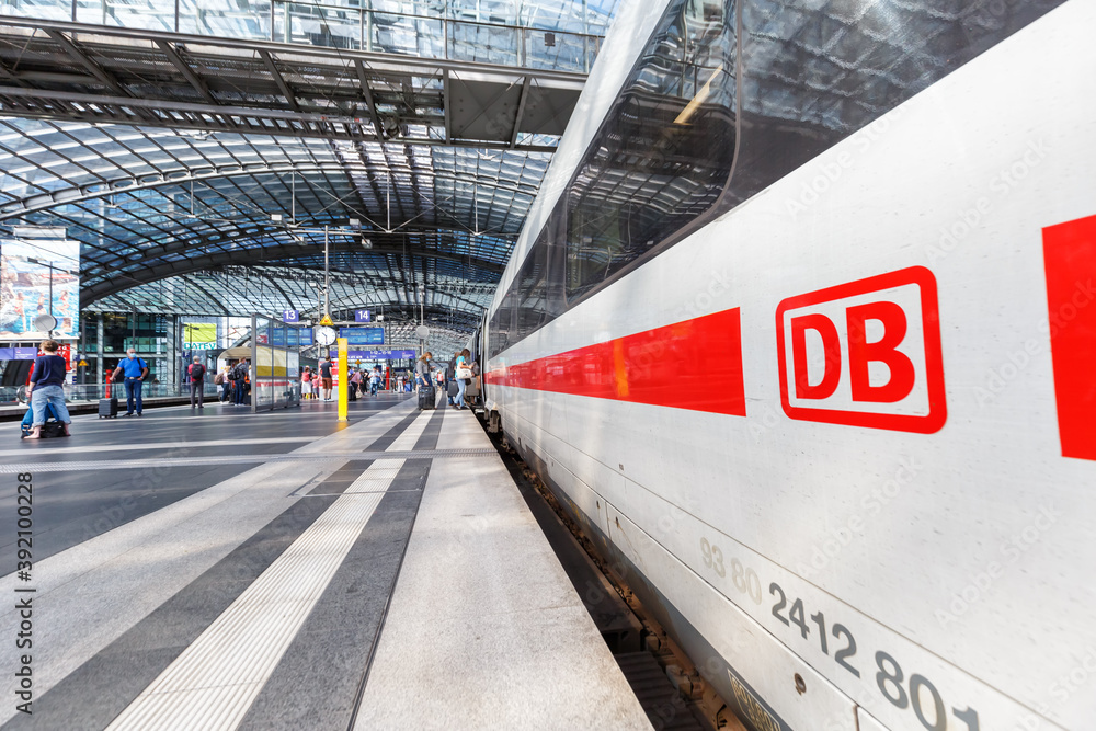 DB logo Deutsche Bahn German railways ICE 4 high-speed train at Berlin ...