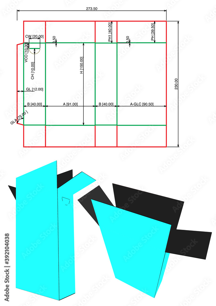 Die Cut Cube Box Template with 3D Preview organised with cut, crease ...